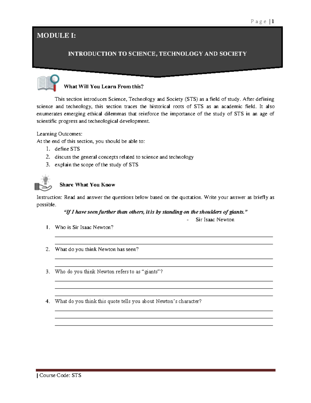 STS Module Second SEM pdf - What Will You Learn From this? This section ...