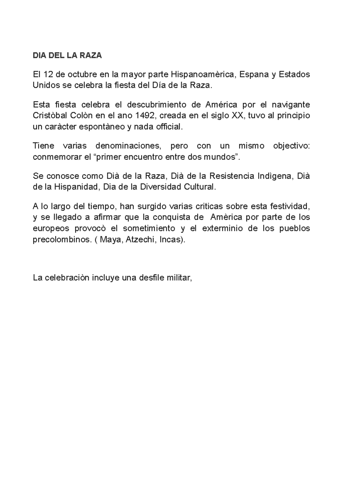 5 Spagnolo DIA DEL LA RAZA - DIA DEL LA RAZA El 12 de octubre en la ...