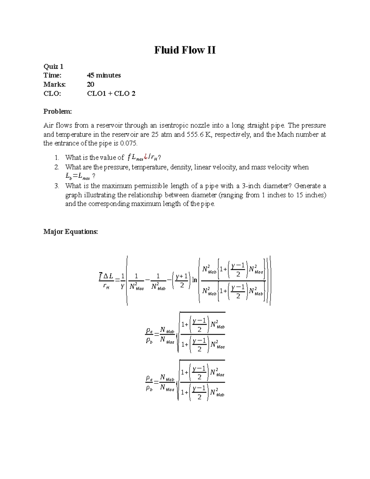 python question - Fluid Flow II Quiz 1 Time: 45 minutes Marks: 20 CLO ...