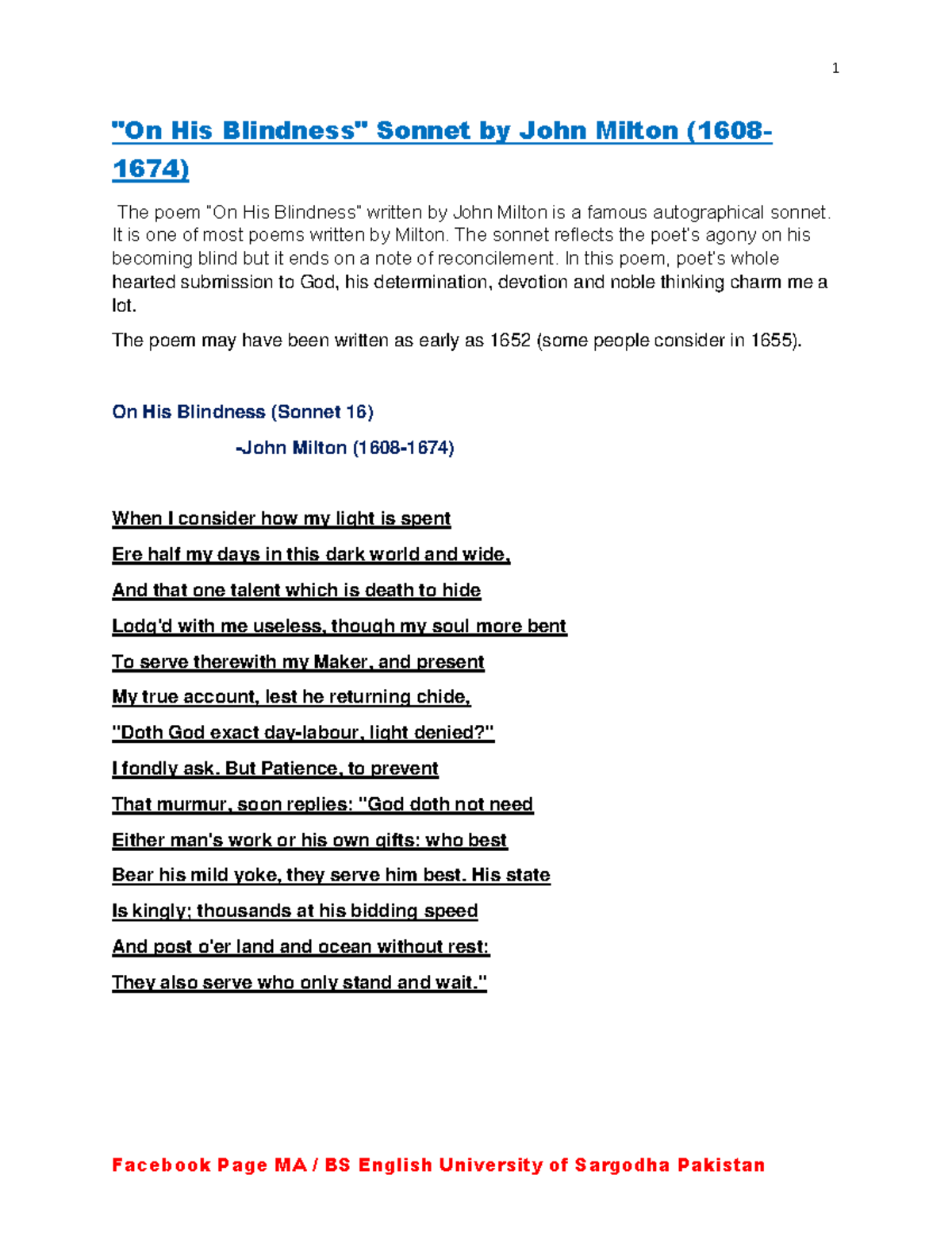 Introduction to literature 2 poetry and prose - "On His Blindness ...