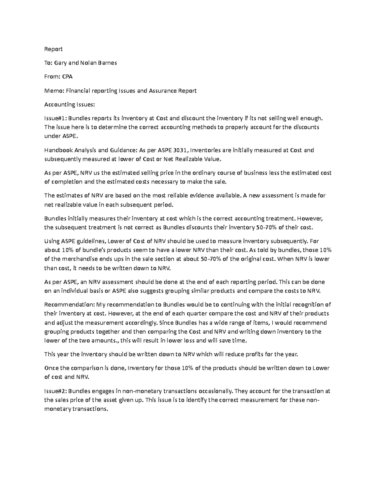 Unit 7 Retired Case - Case - Report To: Gary and Nolan Barnes From: CPA ...