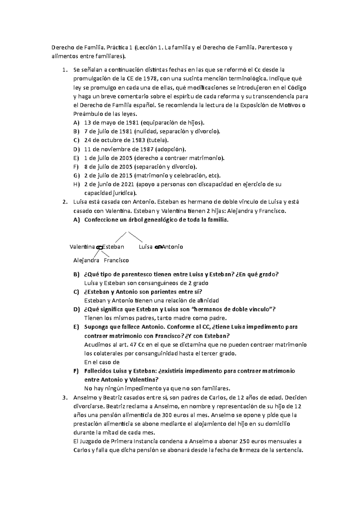 Práctica nº1 familia - Derecho de Familia. Práctica 1 (Lección 1. La ...