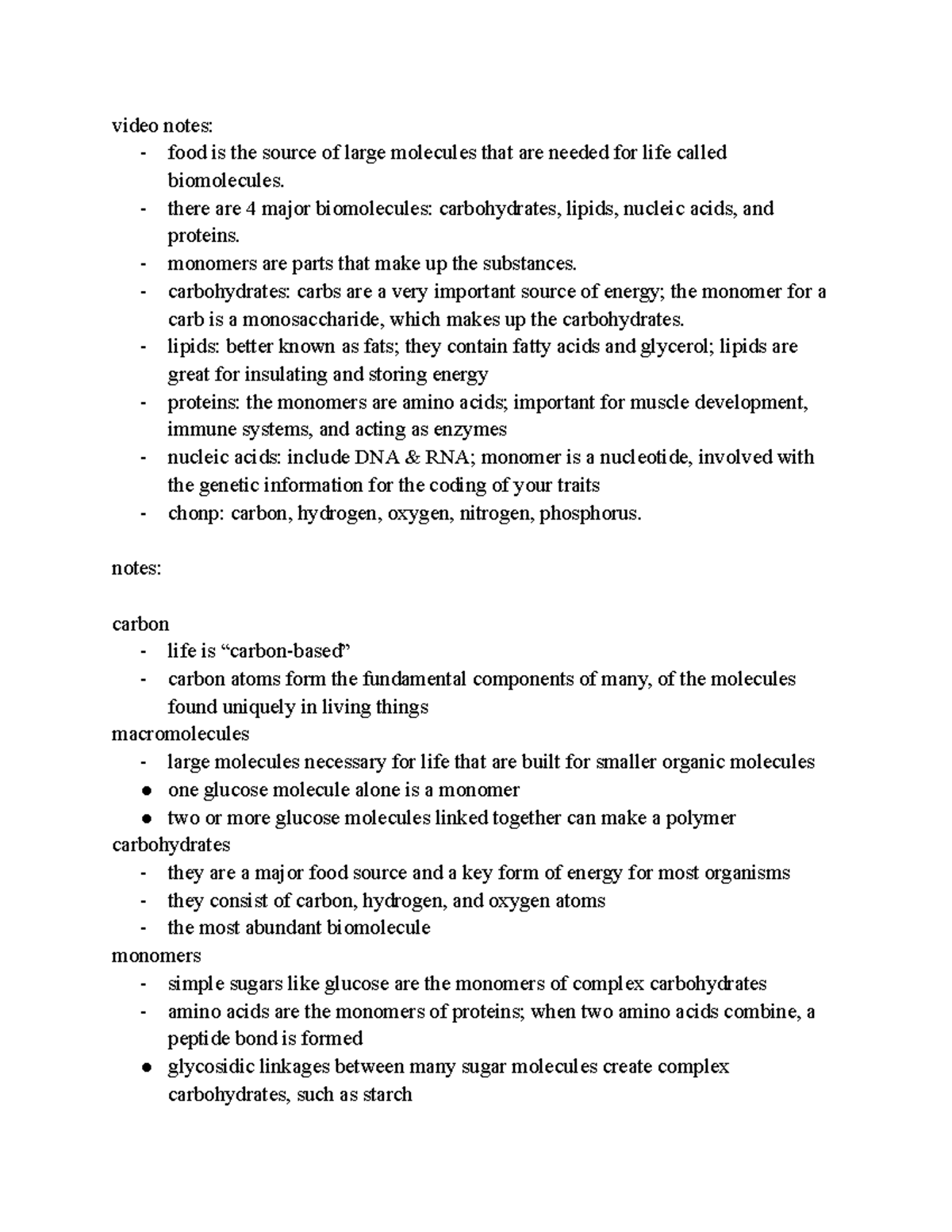 Biomolecules Video Notes - video notes: - food is the source of large ...