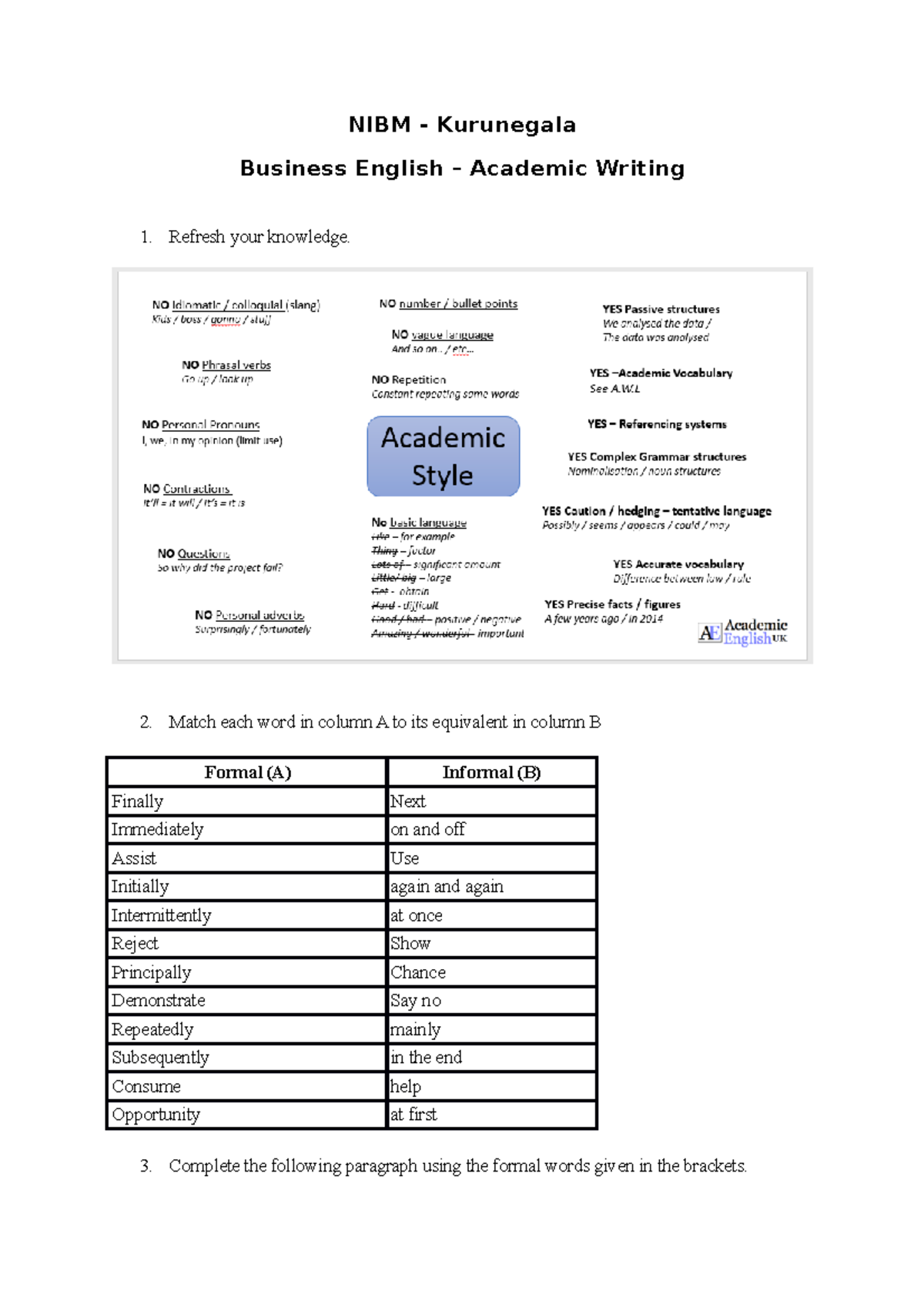 Academic Writing - Exercise - NIBM - Kurunegala Business English ...