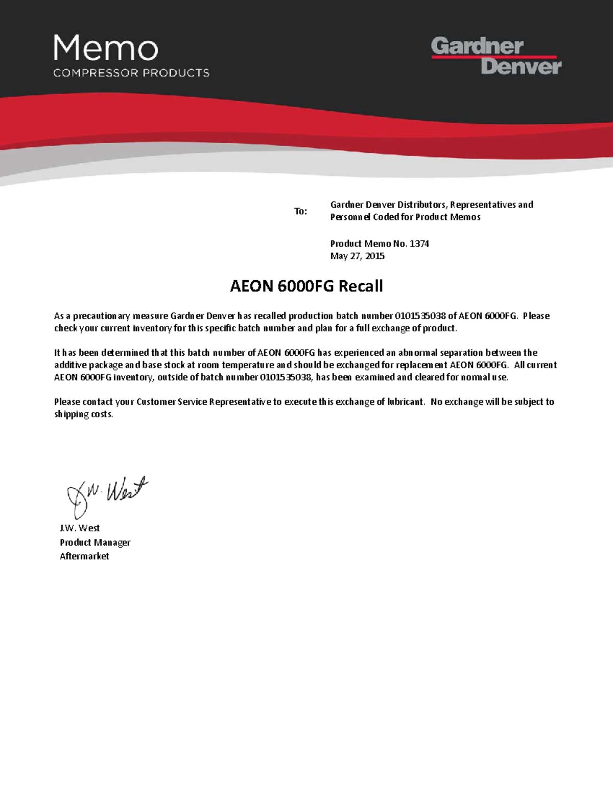 Product 1374-AEON 6000FG Recall - To: Gardner Denver Distributors ...
