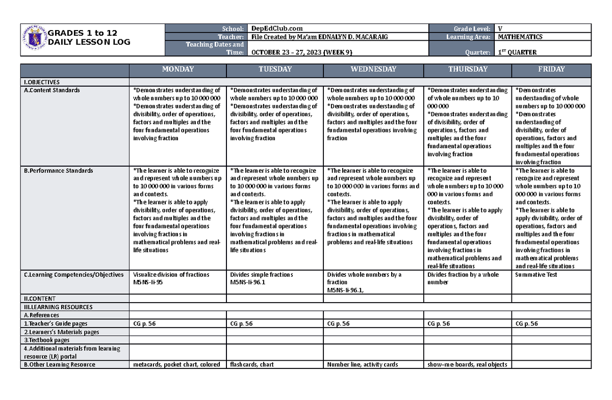 DLL Mathematics-5 Q1 W9 - GRADES 1 to 12 DAILY LESSON LOG School: DepEdClub Grade Level: V ...