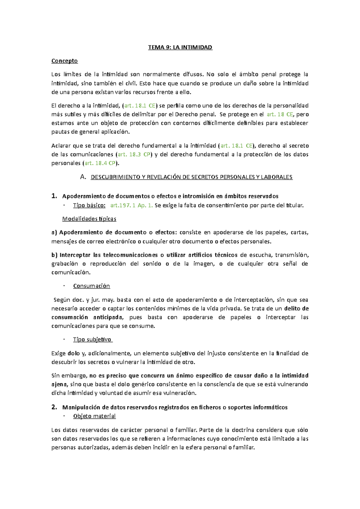 Tema9-Intimidad - Apuntes 9.2 - TEMA 9: LA INTIMIDAD Concepto Los ...