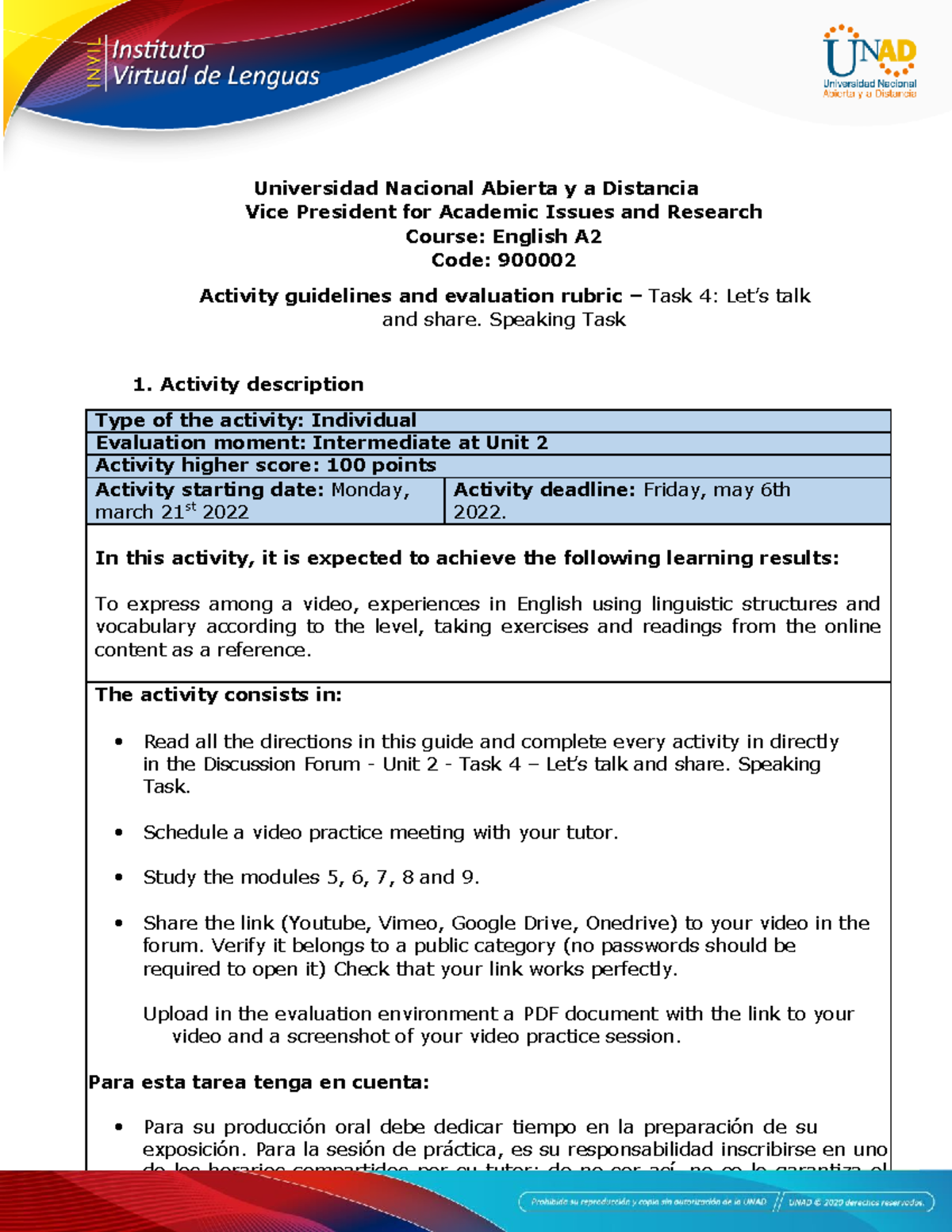 Activity guide and evaluation rubric - Unit 2 - Task 4 - Lets talk and ...