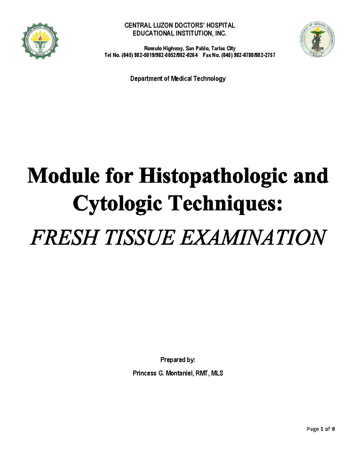 Fresh Tissue Examination - CENTRAL LUZON DOCTORS’ HOSPITAL EDUCATIONAL ...