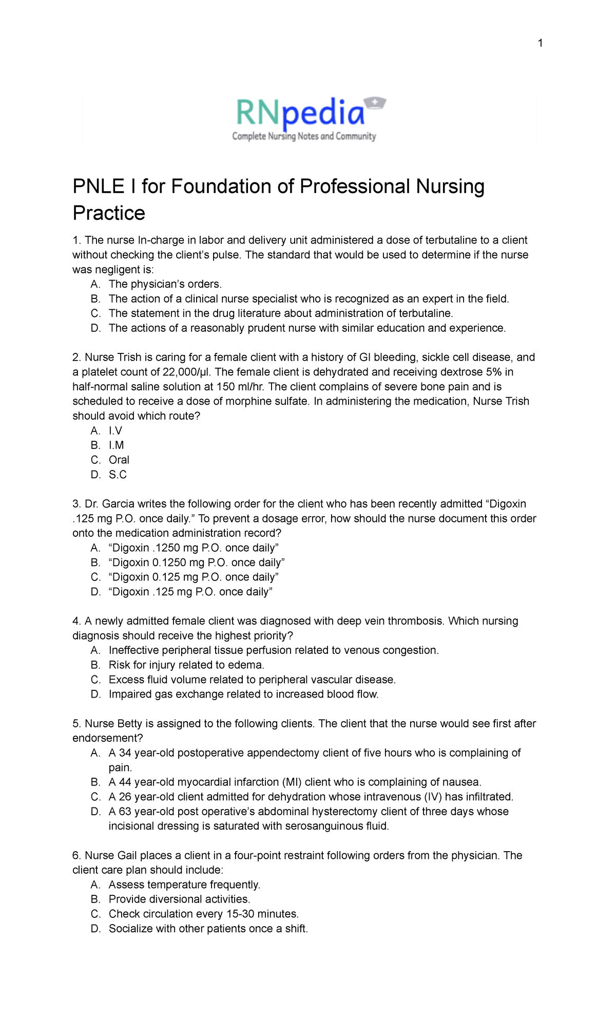 PNLE 1 Funda 1 RNPedia - PNLE I for Foundation of Professional Nursing ...