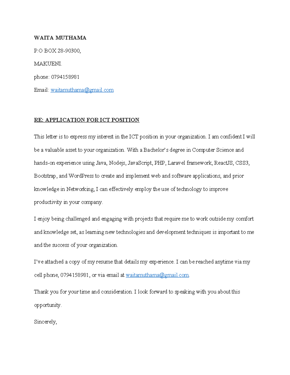 Application letter - ddd - WAITA MUTHAMA P BOX 28-90300, MAKUENI. phone ...