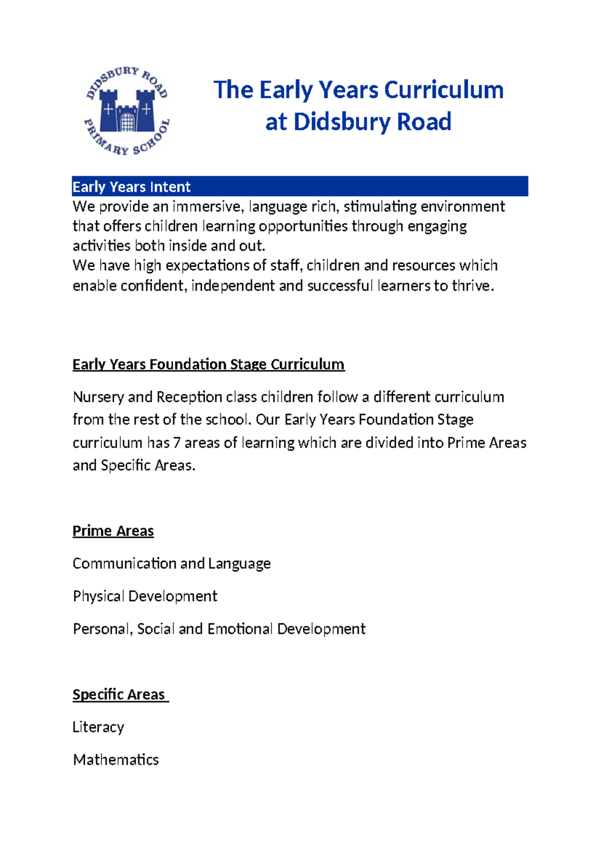 Drps early years curriculum - The Early Years Curriculum at Didsbury ...