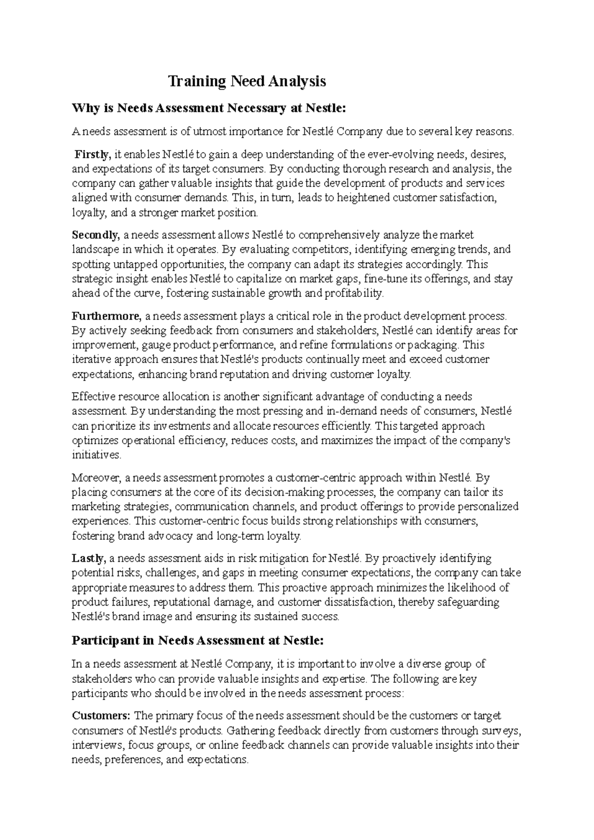 TNA - TRAINING AND DEVELOPMENT OF NESTLE - Training Need Analysis Why ...
