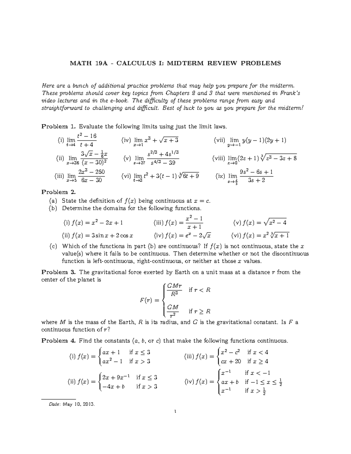 MATH19A-Midterm Review - MATH 19A CALCULUS I: MIDTERM REVIEW PROBLEMS ...