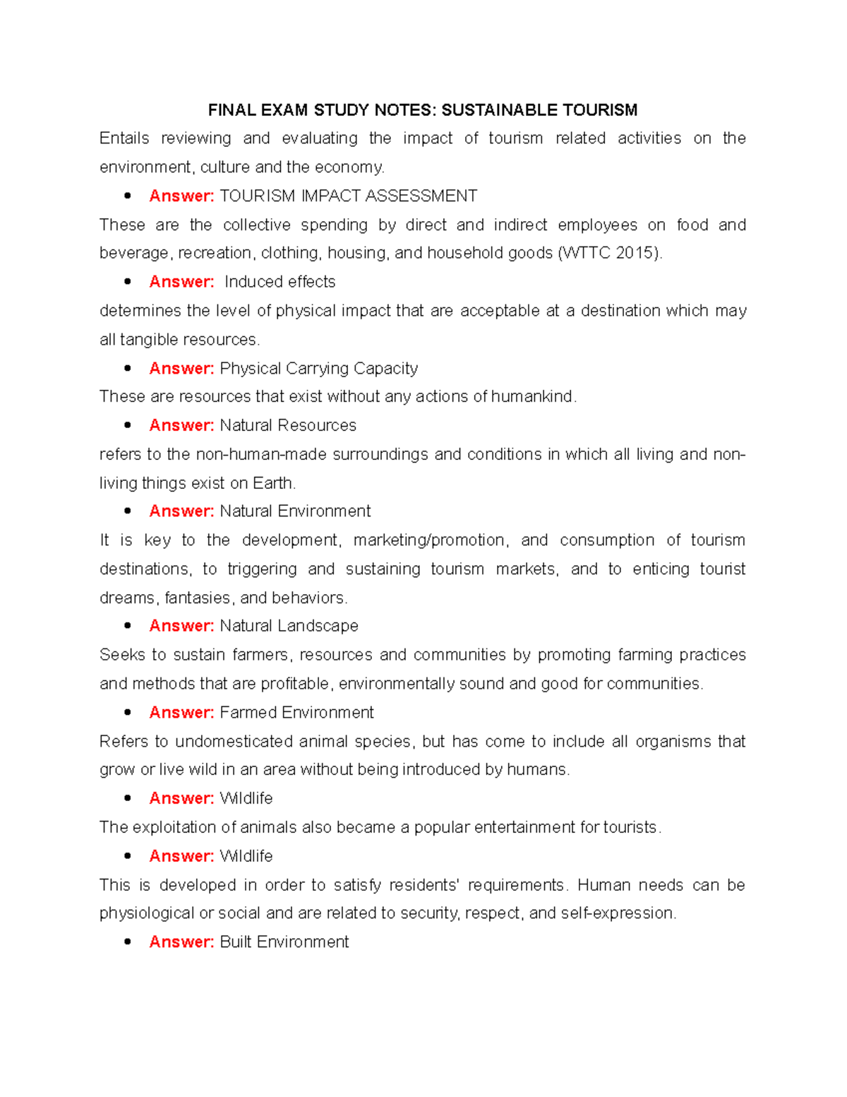 Final EXAM Study Notes- Sustainable Tourism - FINAL EXAM STUDY NOTES ...