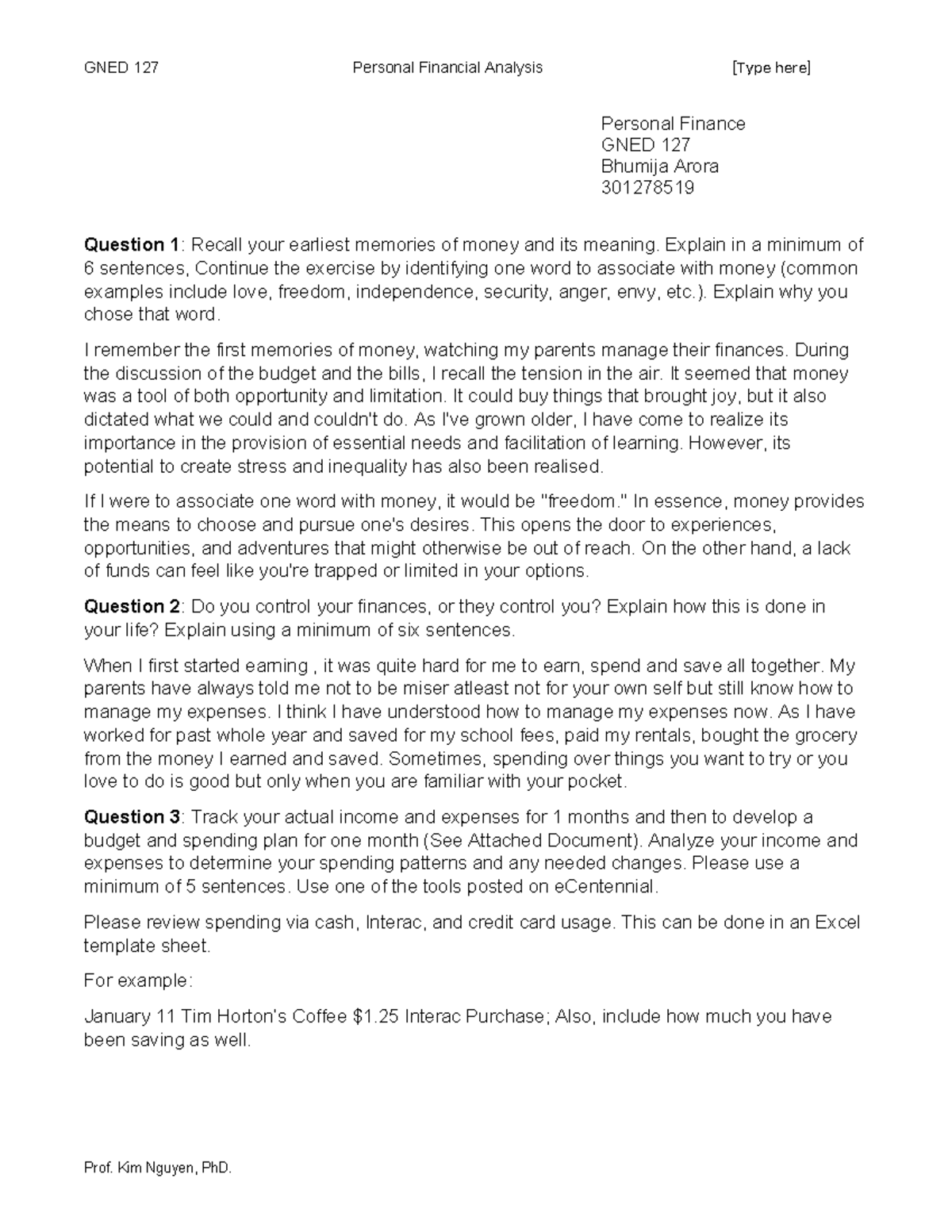 Personal Financial Analysis 1 (1) - GNED 127 Personal Financial ...