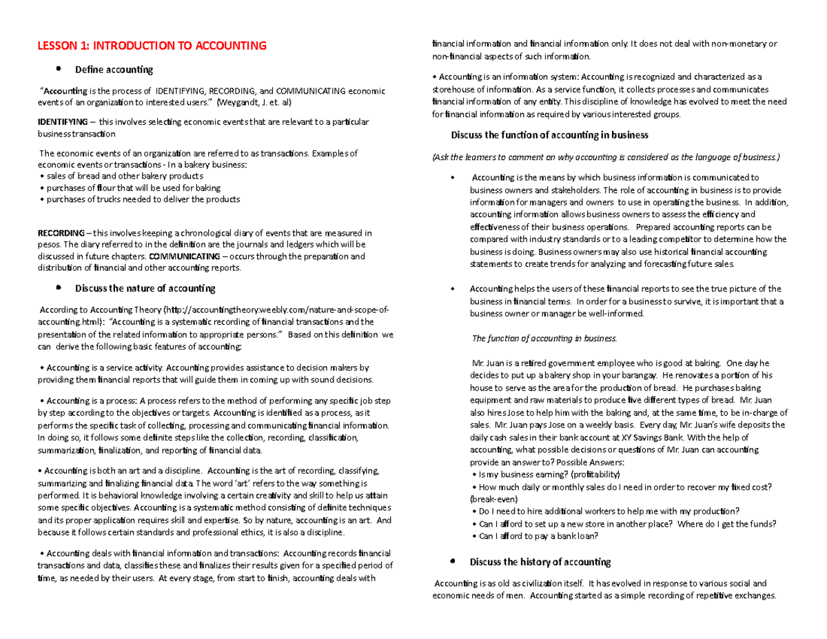 FABM 1( Summary) - Lecture Notes - LESSON 1: INTRODUCTION TO ACCOUNTING ...