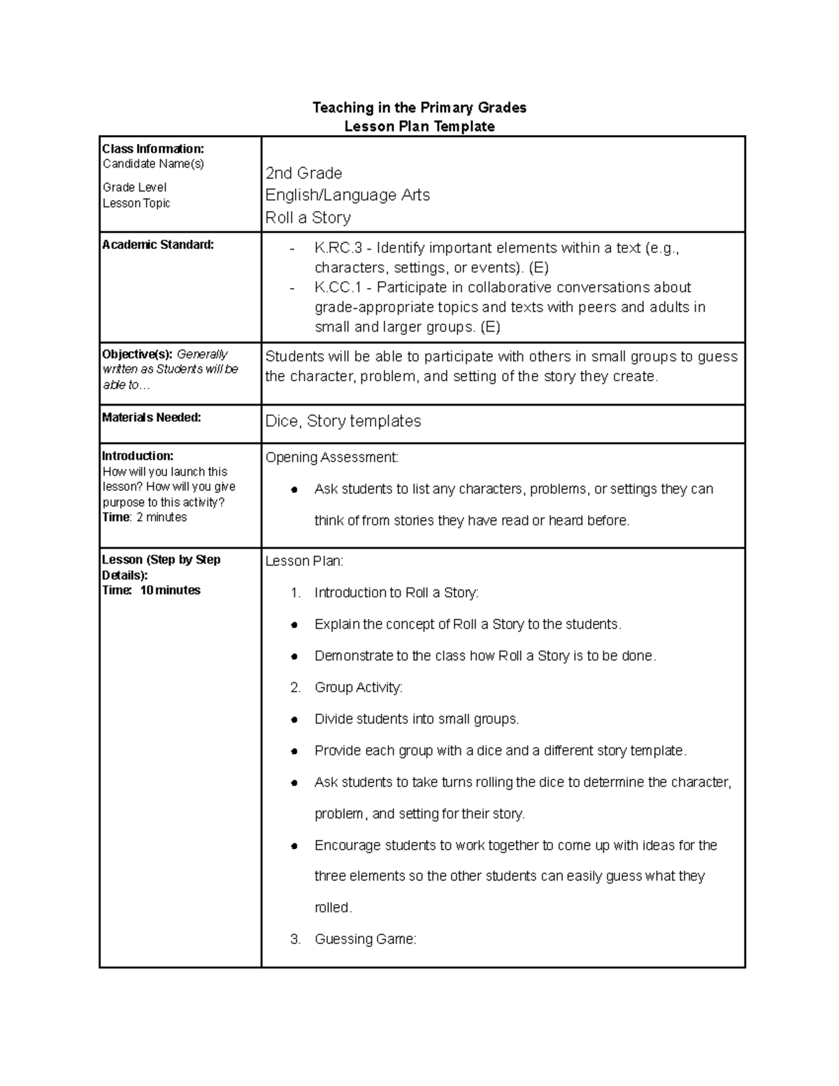Drama Lesson plan (Primary Grades) - Teaching in the Primary Grades ...
