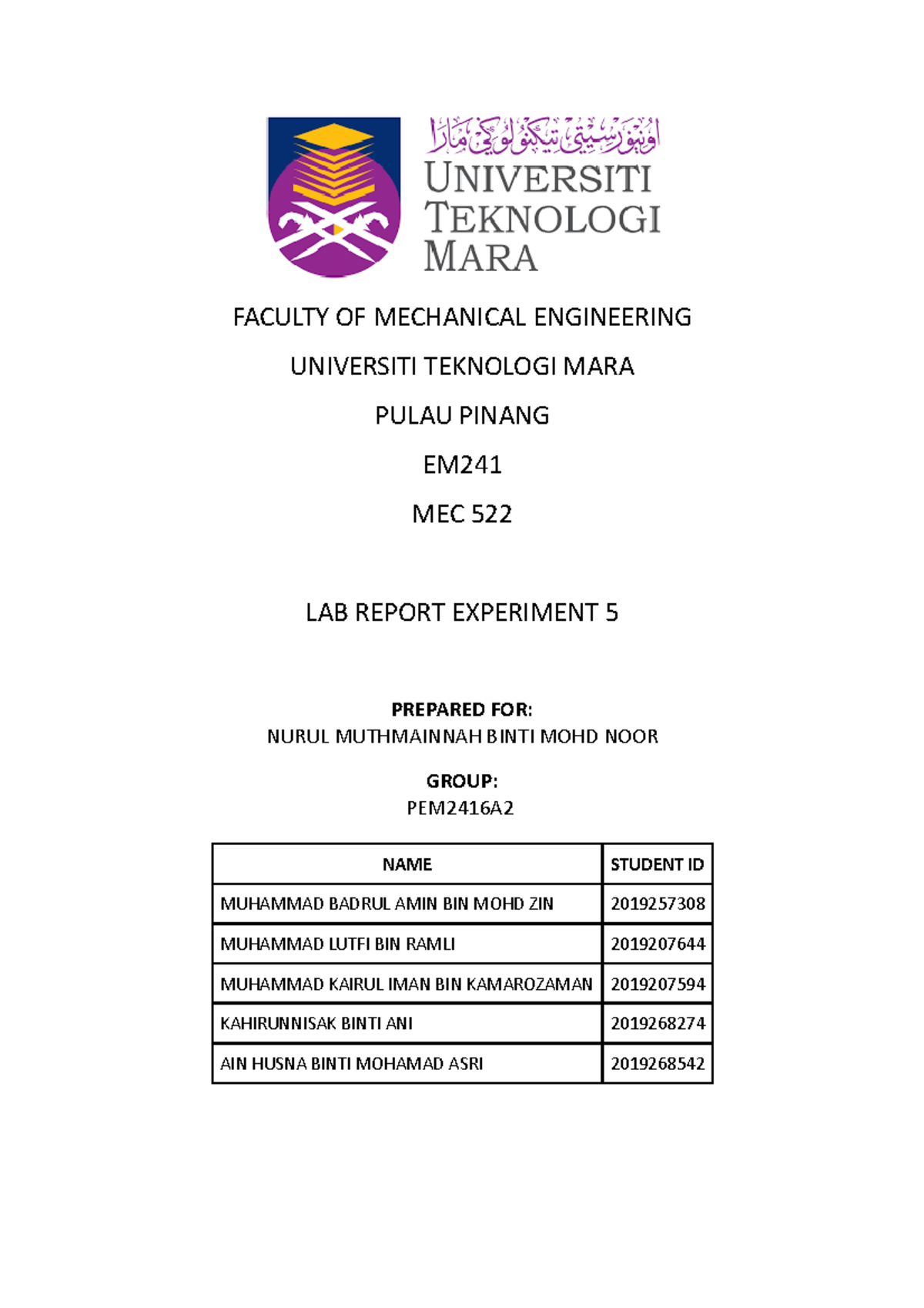 Lab report control experiment 5 - FACULTY OF MECHANICAL ENGINEERING ...