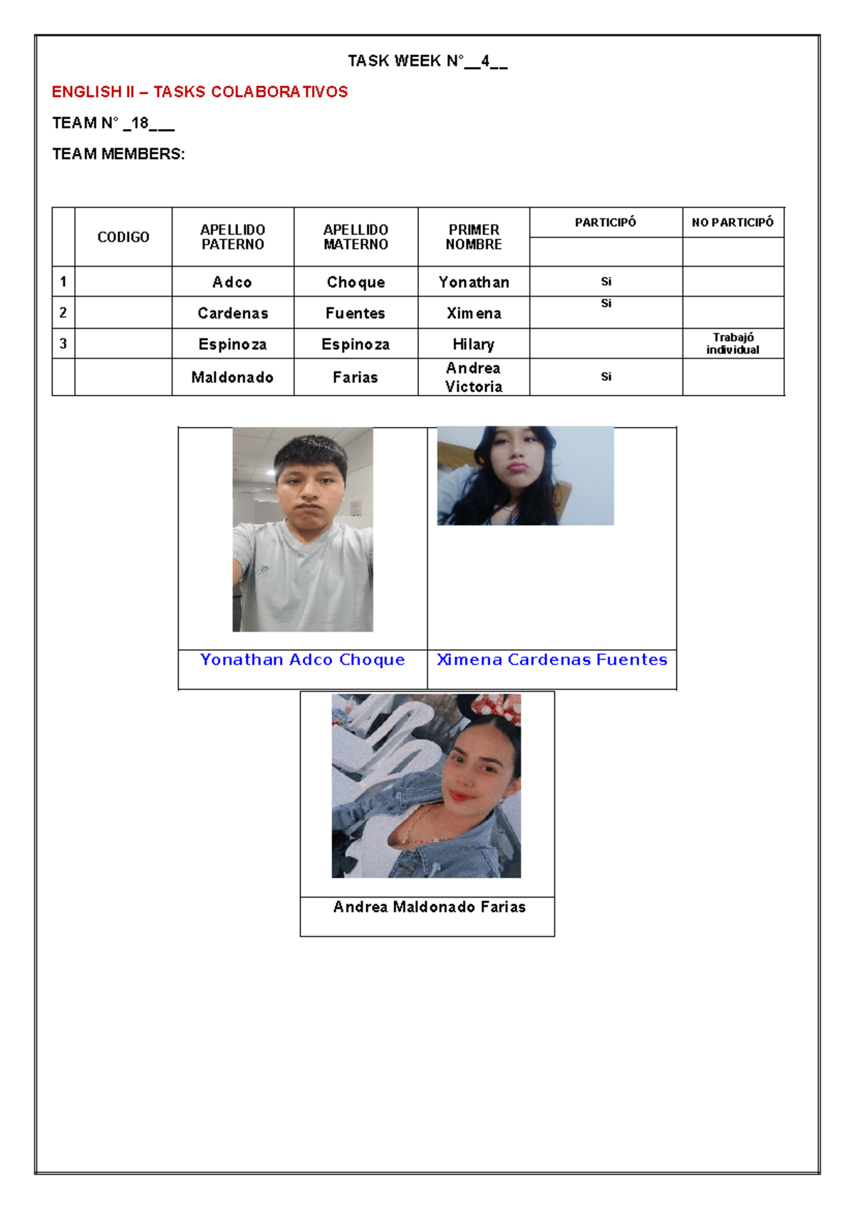 Ingles 2 semana 4 - TASK WEEK N°__4__ ENGLISH II – TASKS COLABORATIVOS TEAM N° 18__ TEAM MEMBERS ...