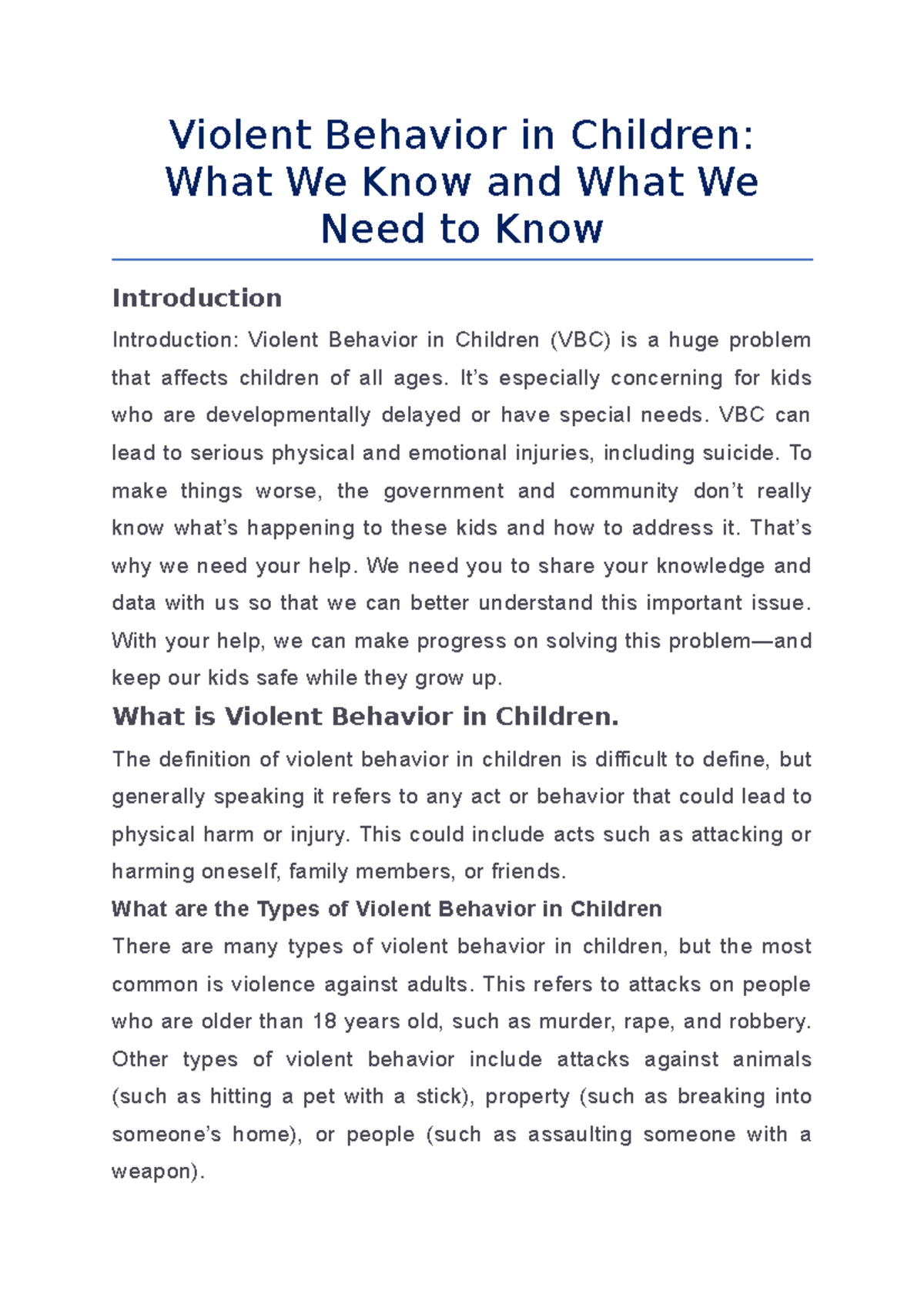 Violent Behavior in Children What We Know and What We Need to Know ...