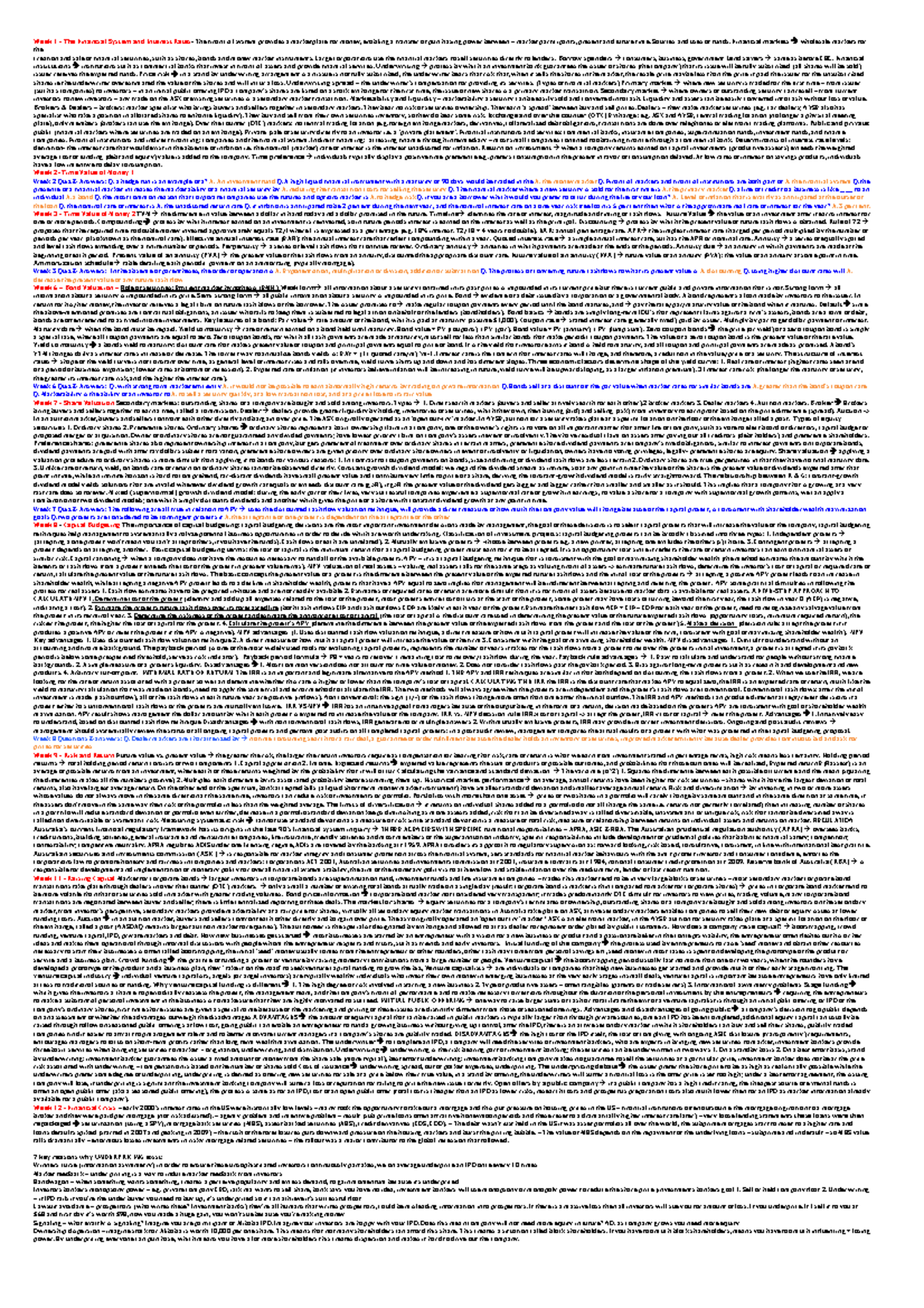 Acst101 finance 1a cheat sheet entire syllabus in 2 pages - Week 1 -­‐ The Financial System and ...