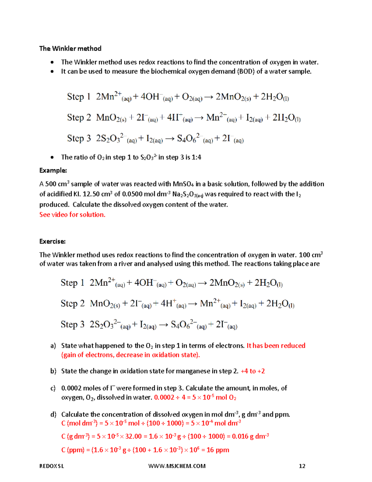 9.1 Wrinkler method KEY - REDOX SL WWW.MSJCHEM 12 The Winkler method x ...