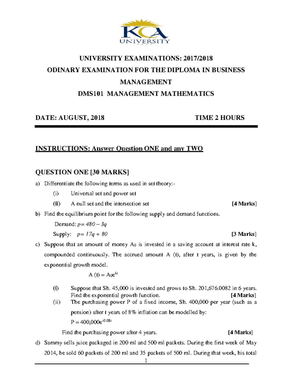 DMS101 Management Mathematics mandatory Assignment by Dr.stephen ...
