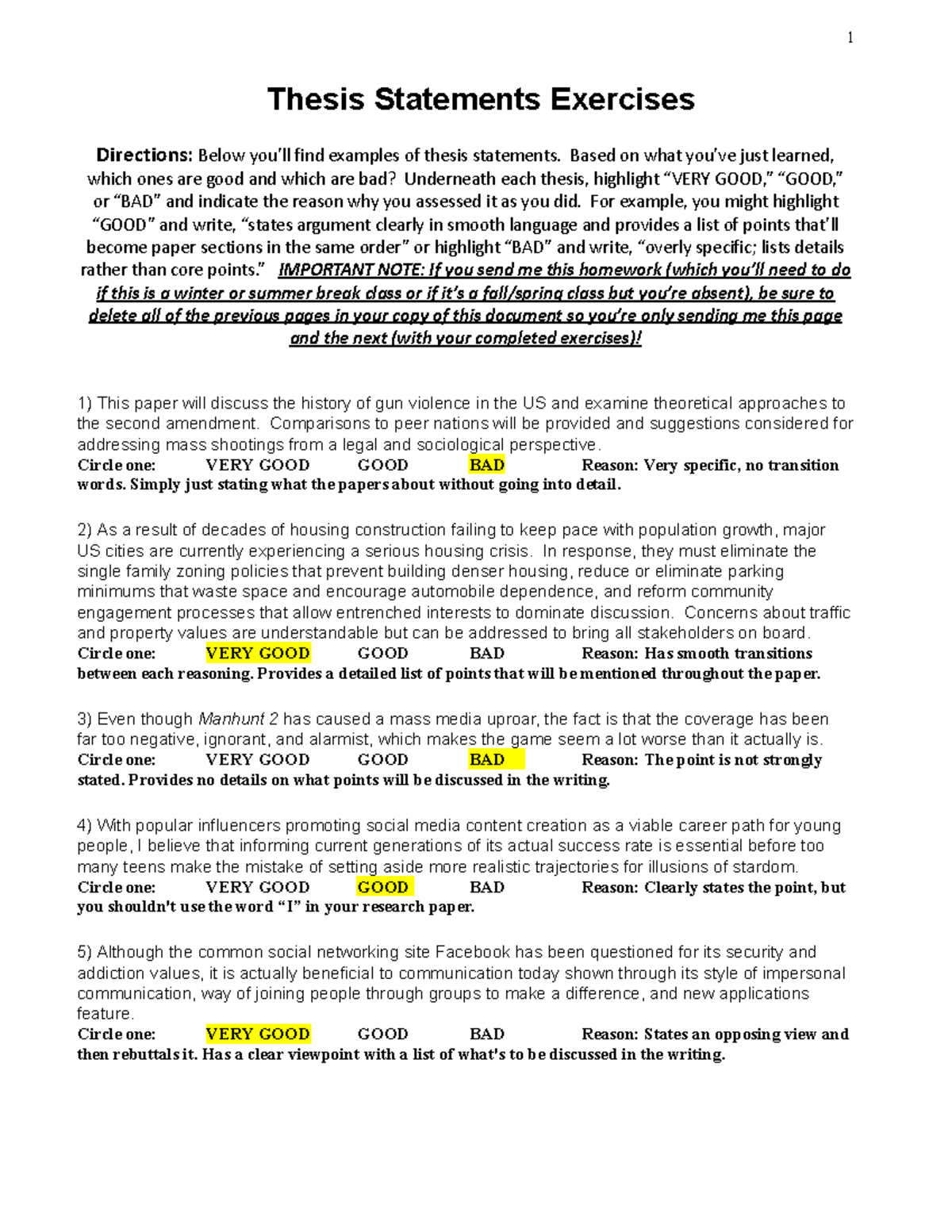 Thesis Statements Exercises - Studocu