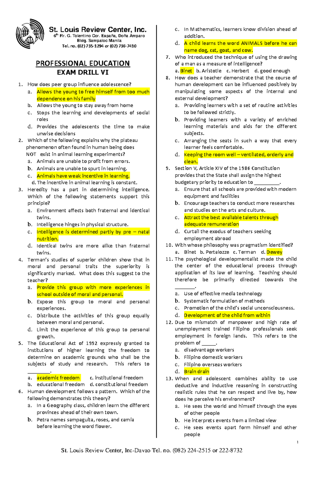 438081493 Prof Ed 200 Items SLRC Exam Drill VI - 1 St. Louis Review Center, Inc. 6 th Flr. G ...