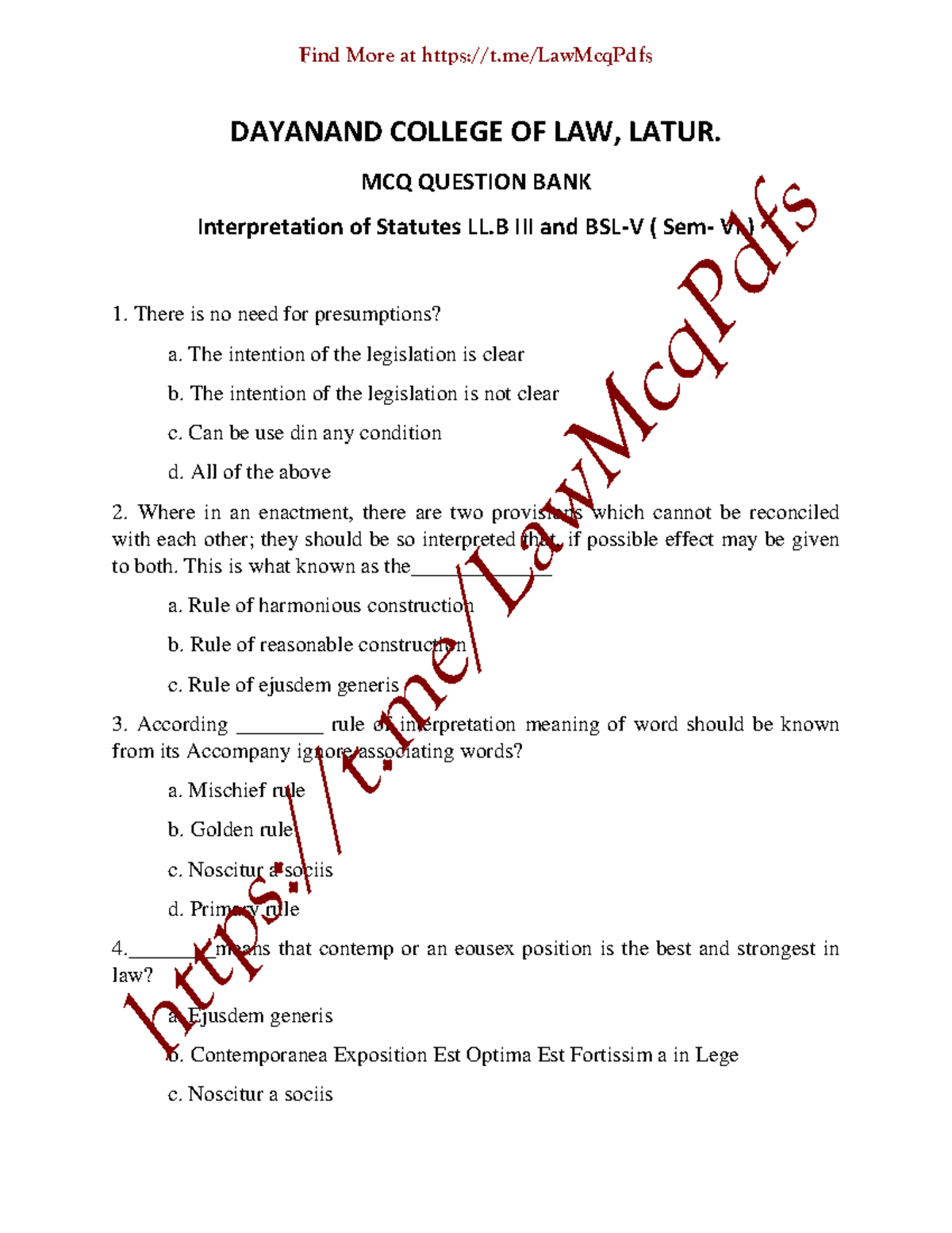 100 MCQs - Interpretation of Statutes - DAYANAND COLLEGE OF LAW, LATUR ...