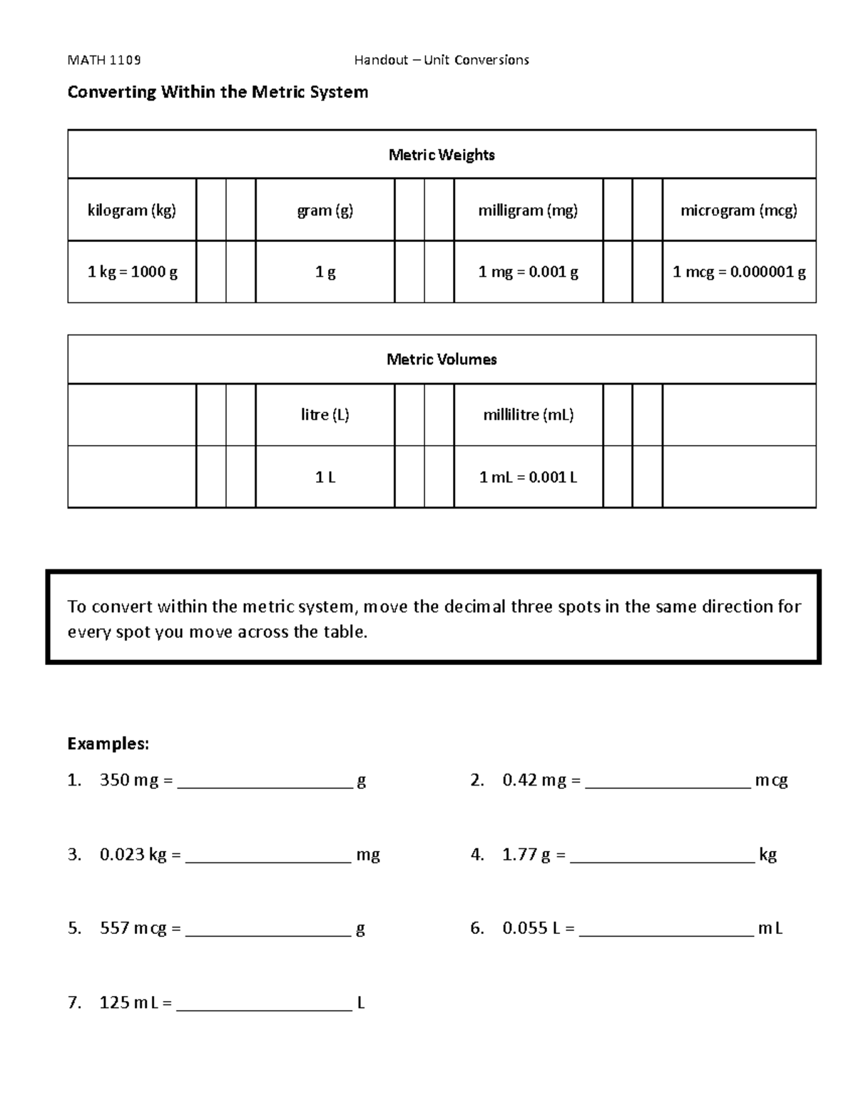 Handout - Unit Conversions - Converting Within the Metric System Metric ...