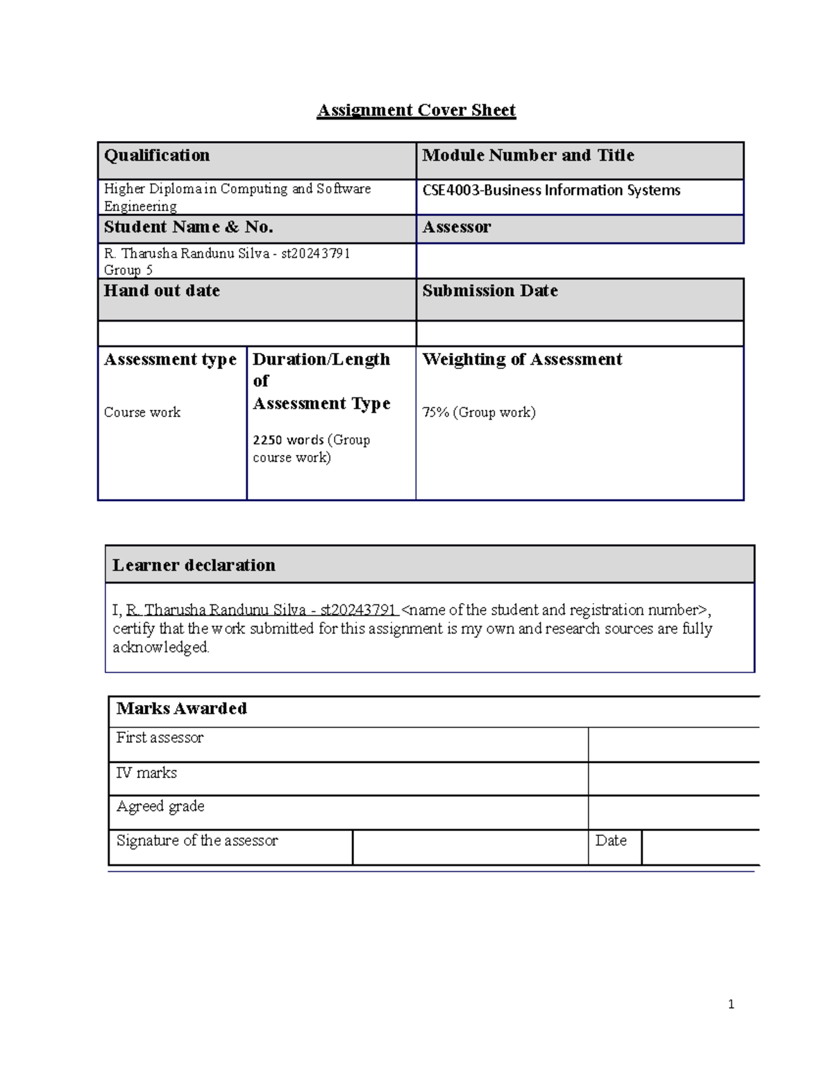 BIS st20243791 - Computer related assignments. - Assignment Cover Sheet ...