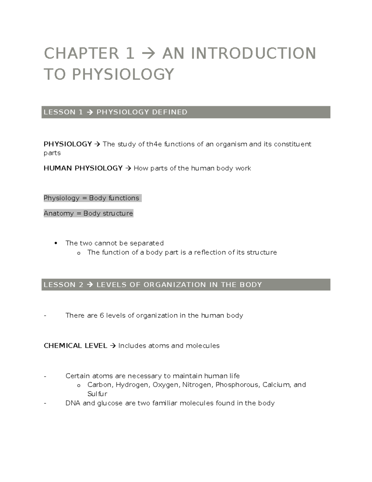 BIOL 230 -Chapter 1 Notes - CHAPTER 1 AN INTRODUCTION TO PHYSIOLOGY ...