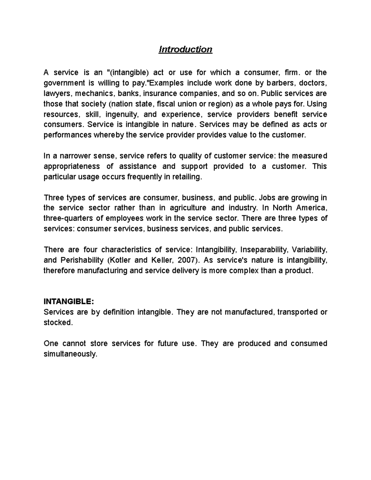 Introduction on service industry - Introduction A service is an ...