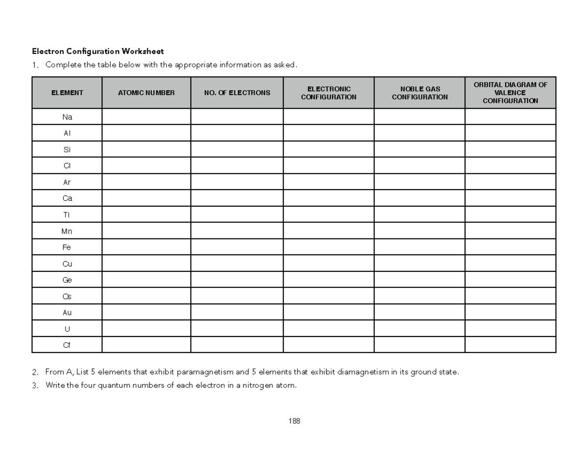 General Chemistry I (18) - Electron Configuration Worksheet Complete ...