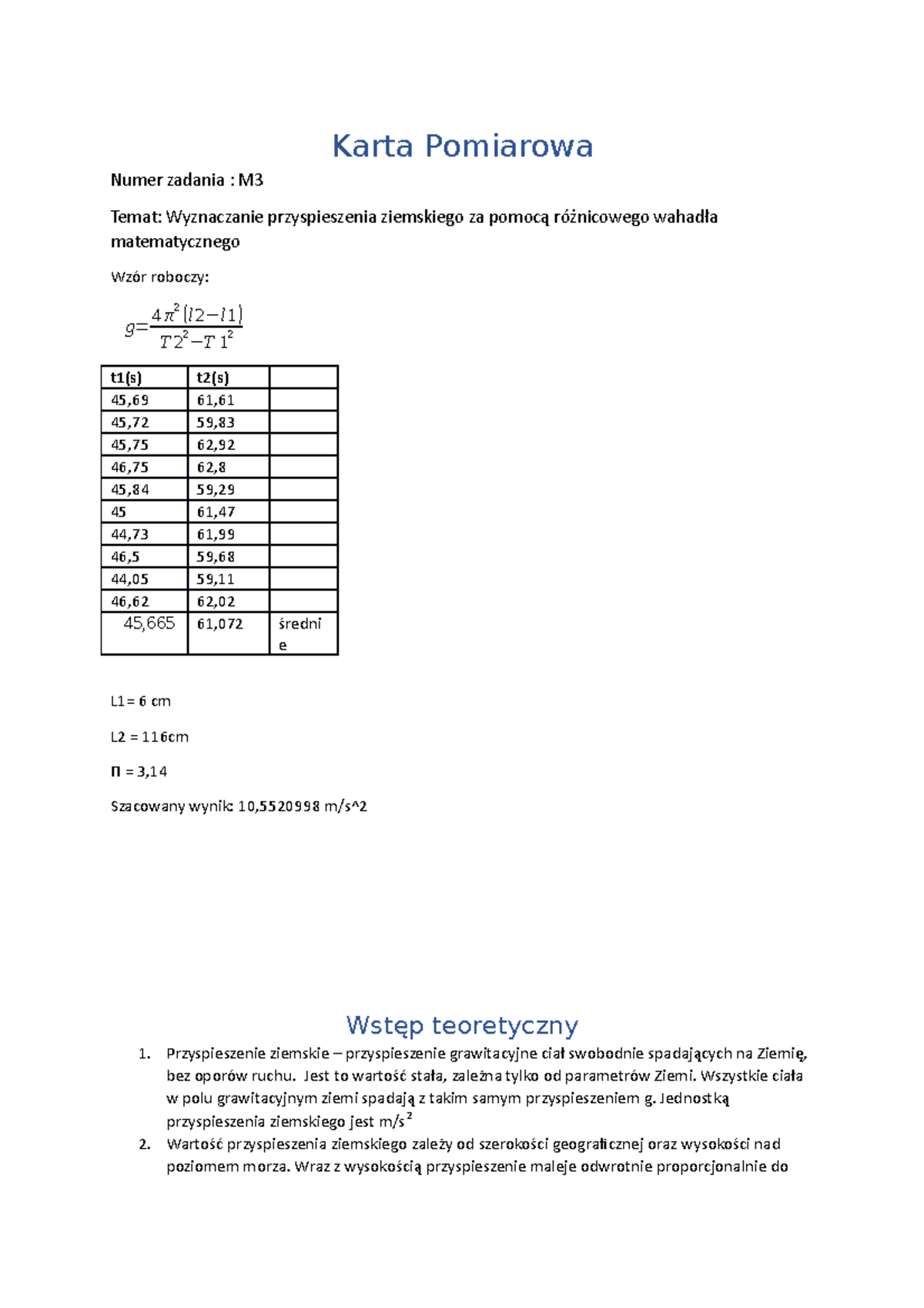 M3(studuc) Wyznaczanie przyśpieszenia ziemskiego - Karta Pomiarowa ...