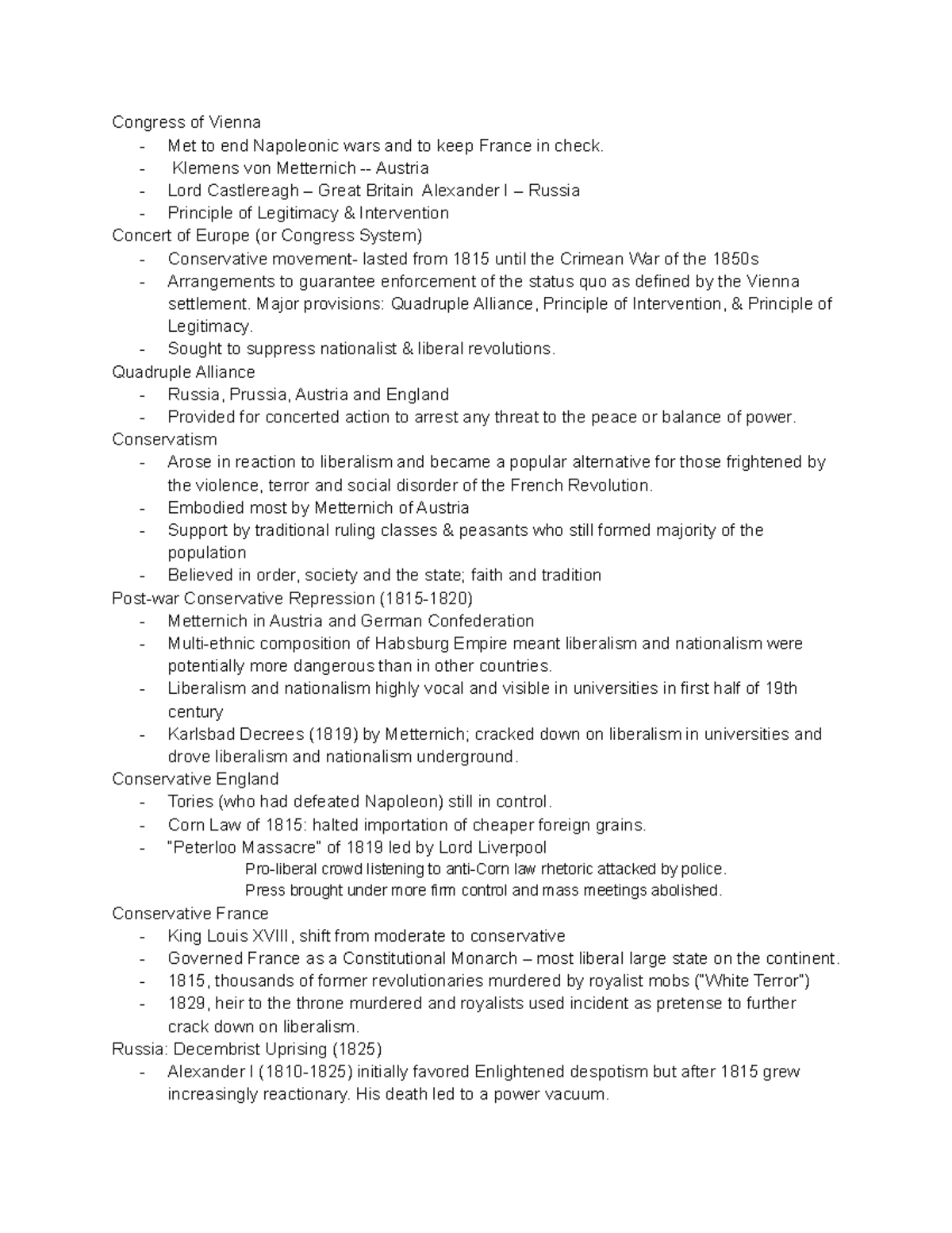Chapter 21 Notes - Congress of Vienna - Met to end Napoleonic wars and ...