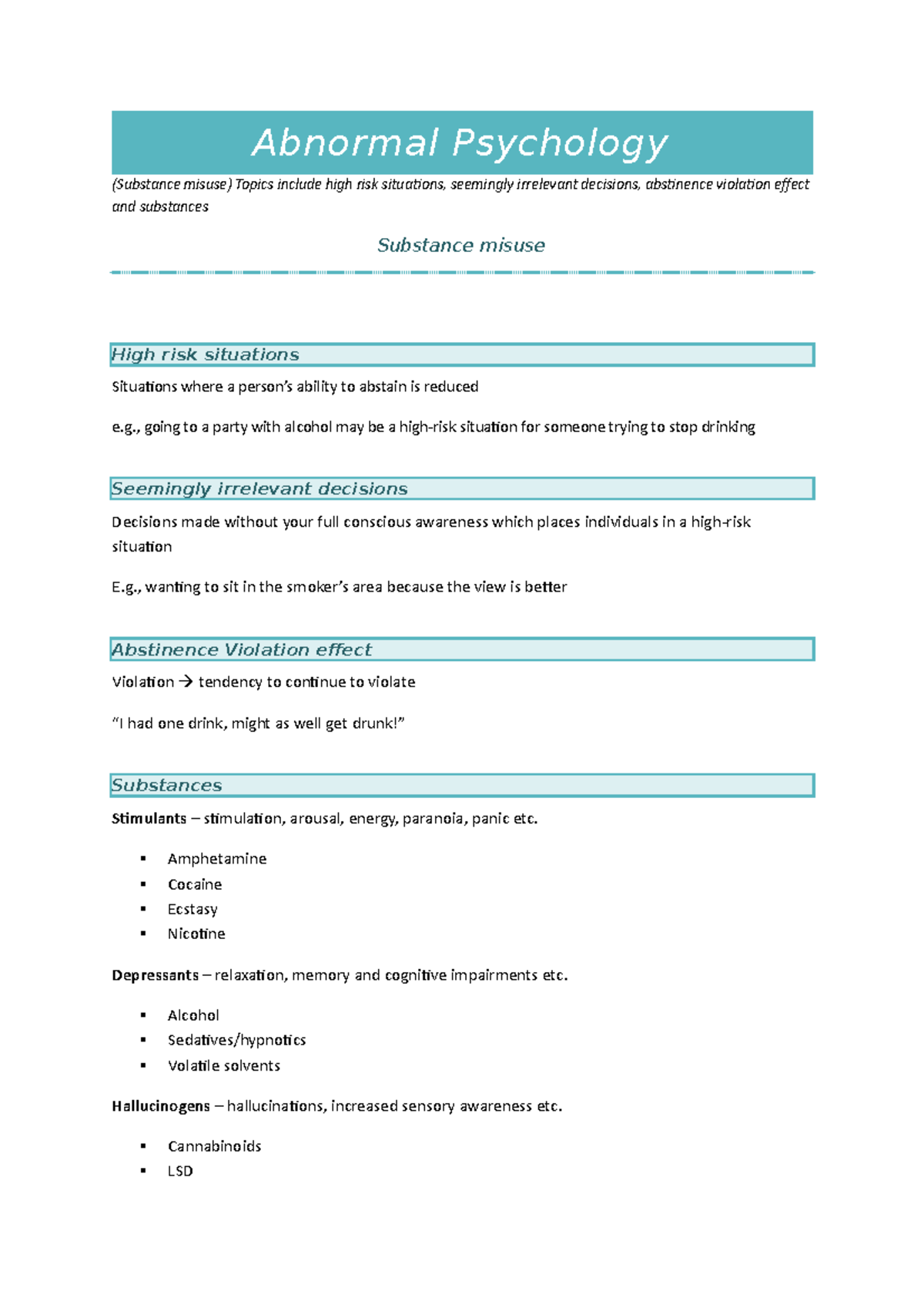Abnormal Psychology 6 - Notes on substance misuse including high risk ...