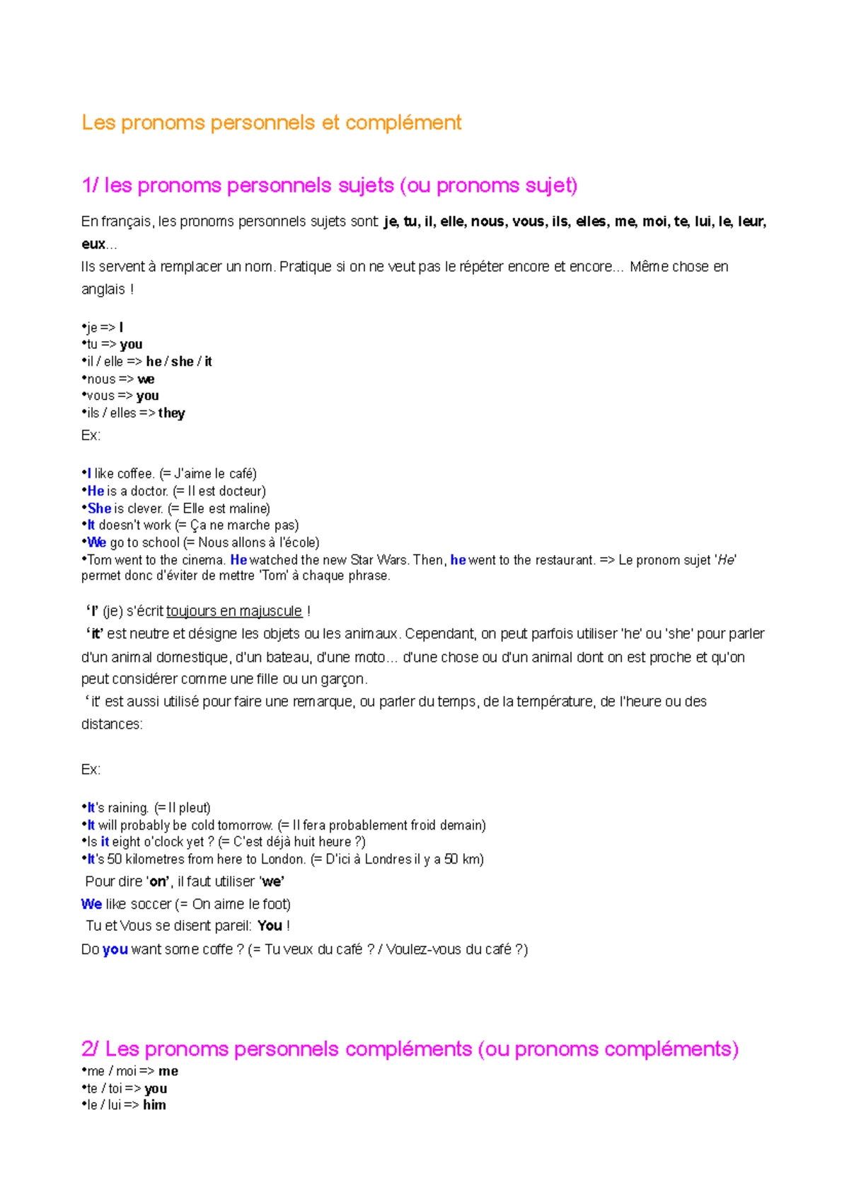 Pronom personnel en anglais - Les pronoms personnels et complément 1/ les pronoms personnels ...