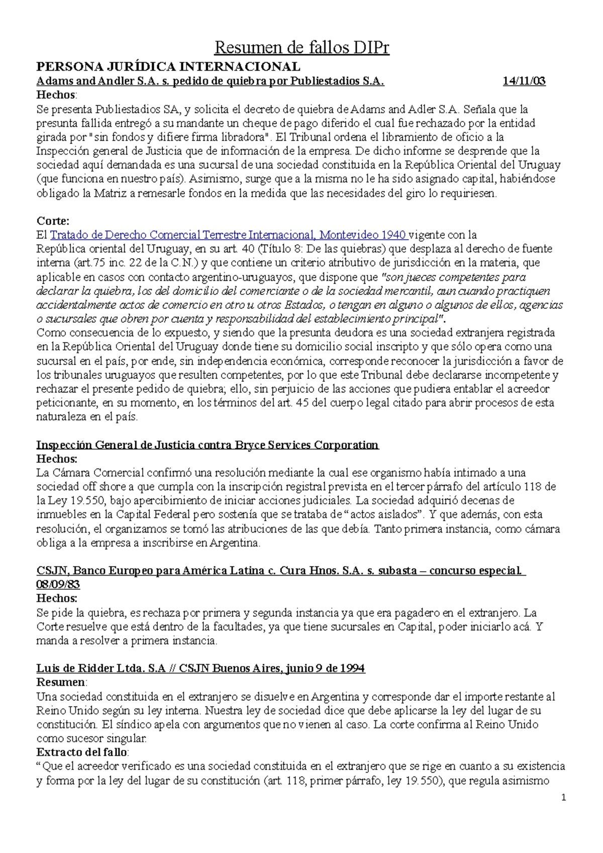 Resumen de fallos DIPr - Resumen de fallos DIPr PERSONA JURÍDICA INTERNACIONAL Adams and Andler ...