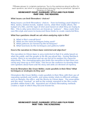 Film Analysis Worksheet Twelve - Please answer in complete sentences ...