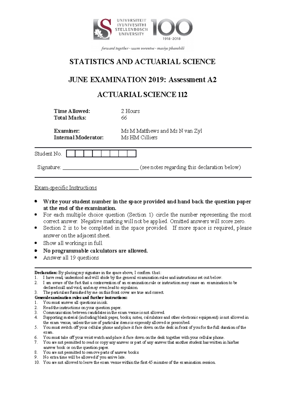 AS112 A2 2019 Final with solutions copy - STATISTICS AND ACTUARIAL SCIENCE JUNE EXAMINATION 2019 ...
