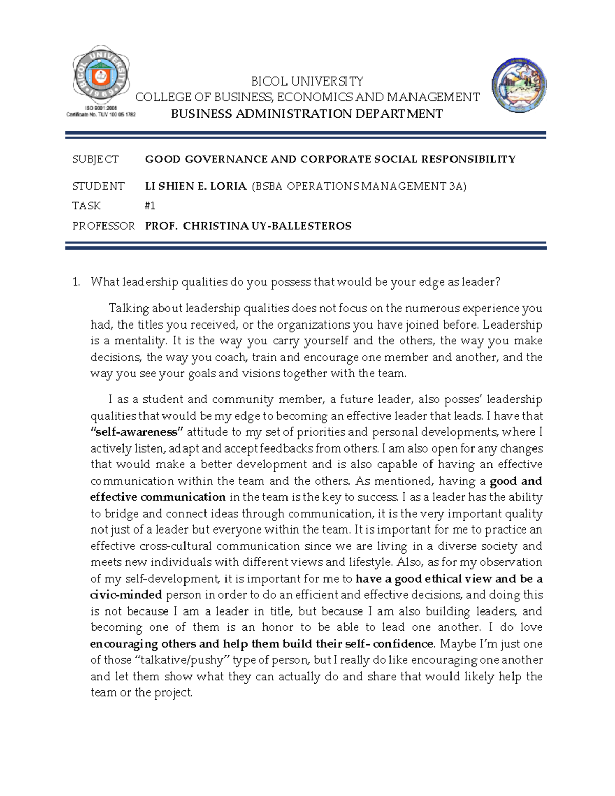 Loria, Li Shien E. (BSBA OM3A) TASK 1 - BICOL UNIVERSITY COLLEGE OF ...