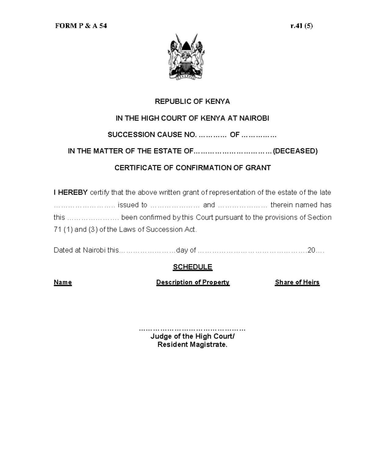FORM 54- Certificate OF Confirmation OF Grant - FORM P & A 54 r (5 ...
