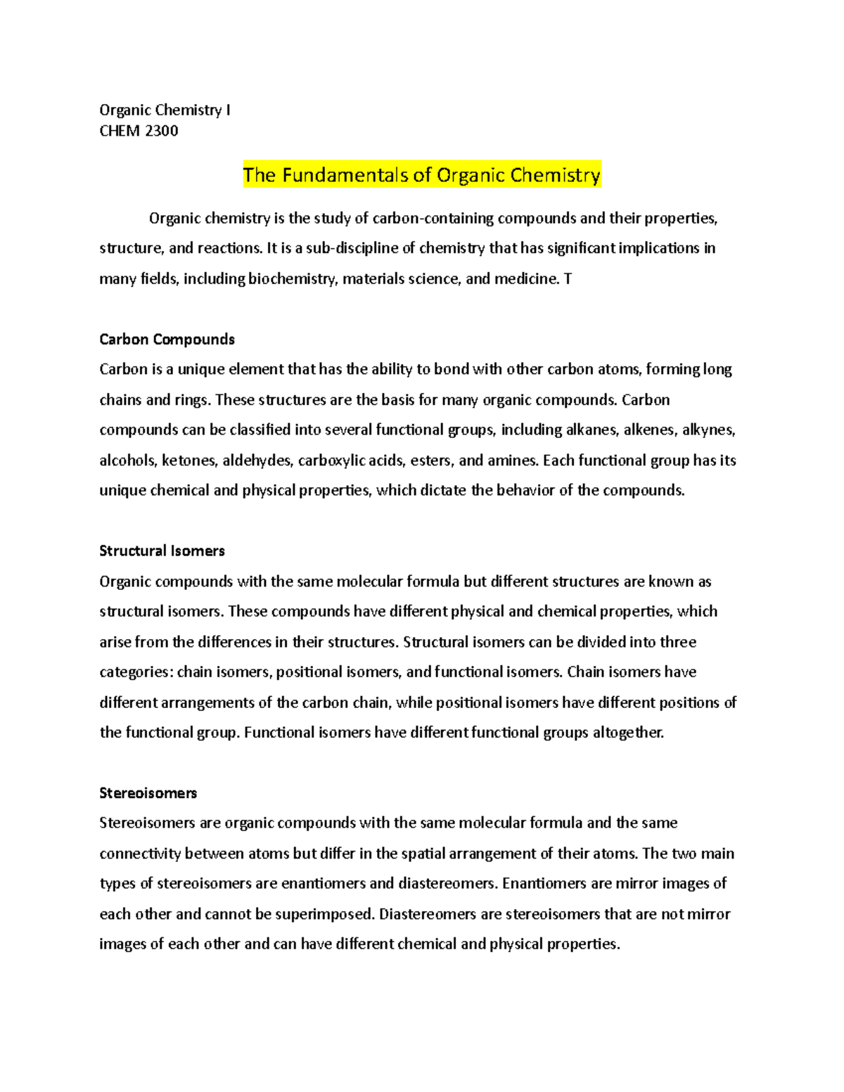 The Fundamentals of Organic Chemistry - Organic Chemistry I CHEM 2300 ...