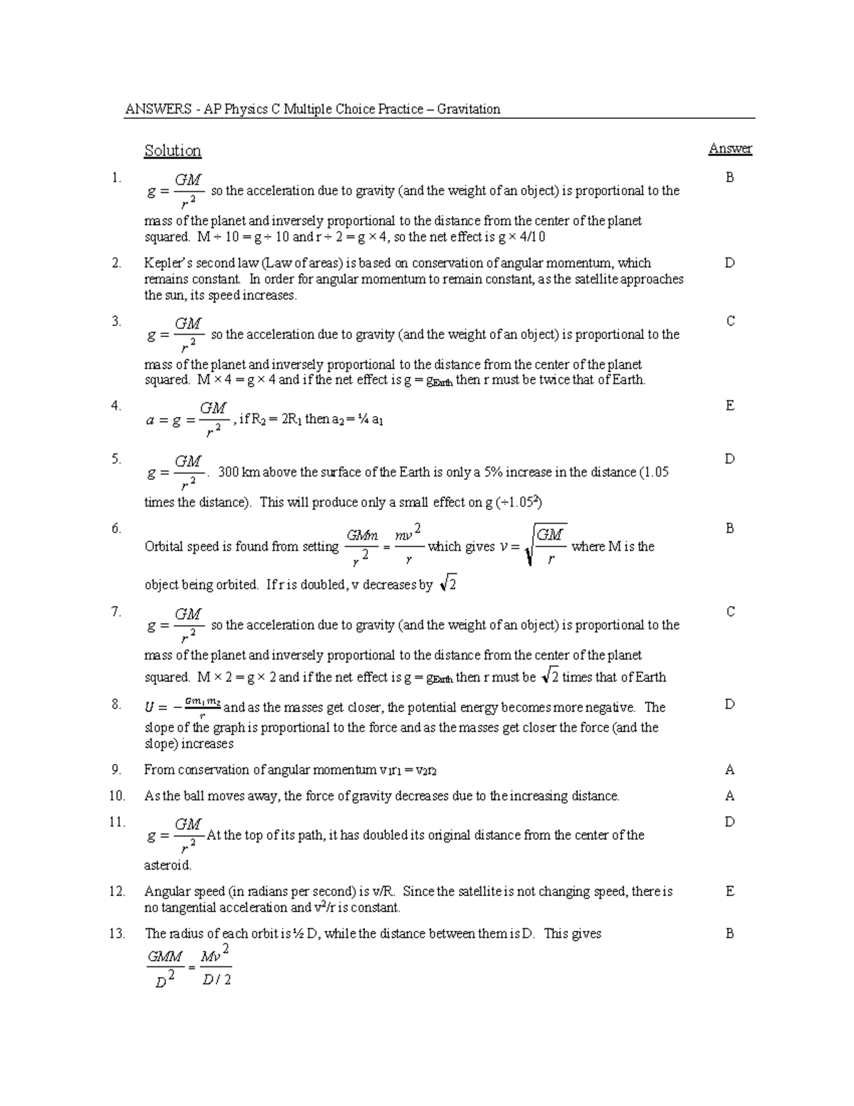 Gravitational Motion Multiple Choice Answer Explanations - ANSWERS - AP ...