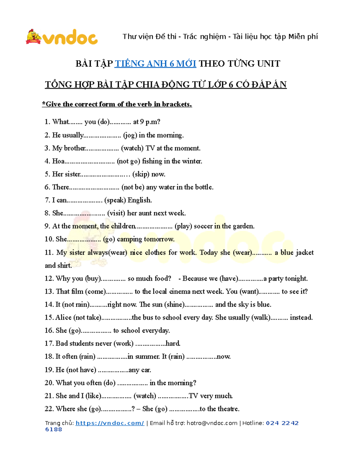 Tong hop cac dang bai tap chia dong tu tieng anh lop 6 - BÀI TẬP TIẾNG ANH 6 MỚI THEO TỪNG UNIT ...