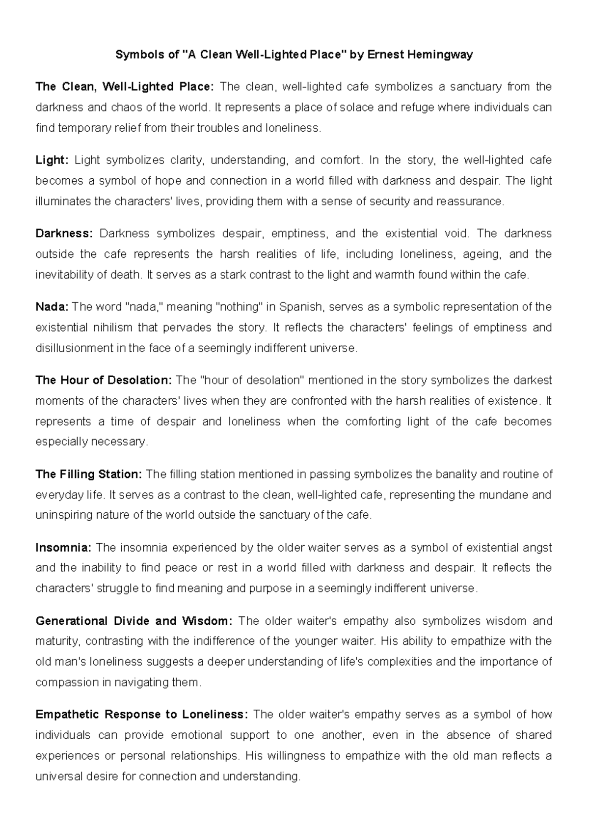 Symbols and moral of a clean well lighted place - Symbols of "A Clean ...