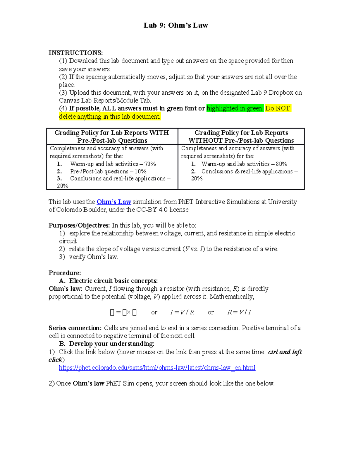 Lab 9 - Ohm's Law PHYS 1115 - INSTRUCTIONS: (1) Download this lab ...